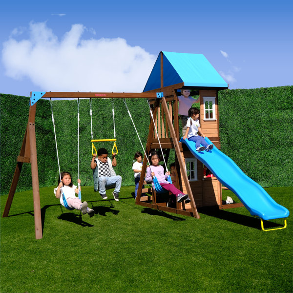 Sportspower Lakeview Wooden Swing Set With Slide, Belt Swings, Trapeze Play Fort With Play ...